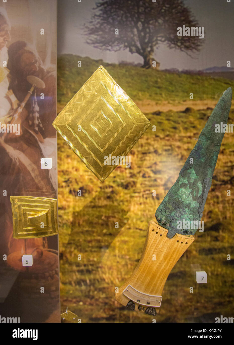 Gold lozenge-shaped sheet and copper dagger from the Bush Barrow ...