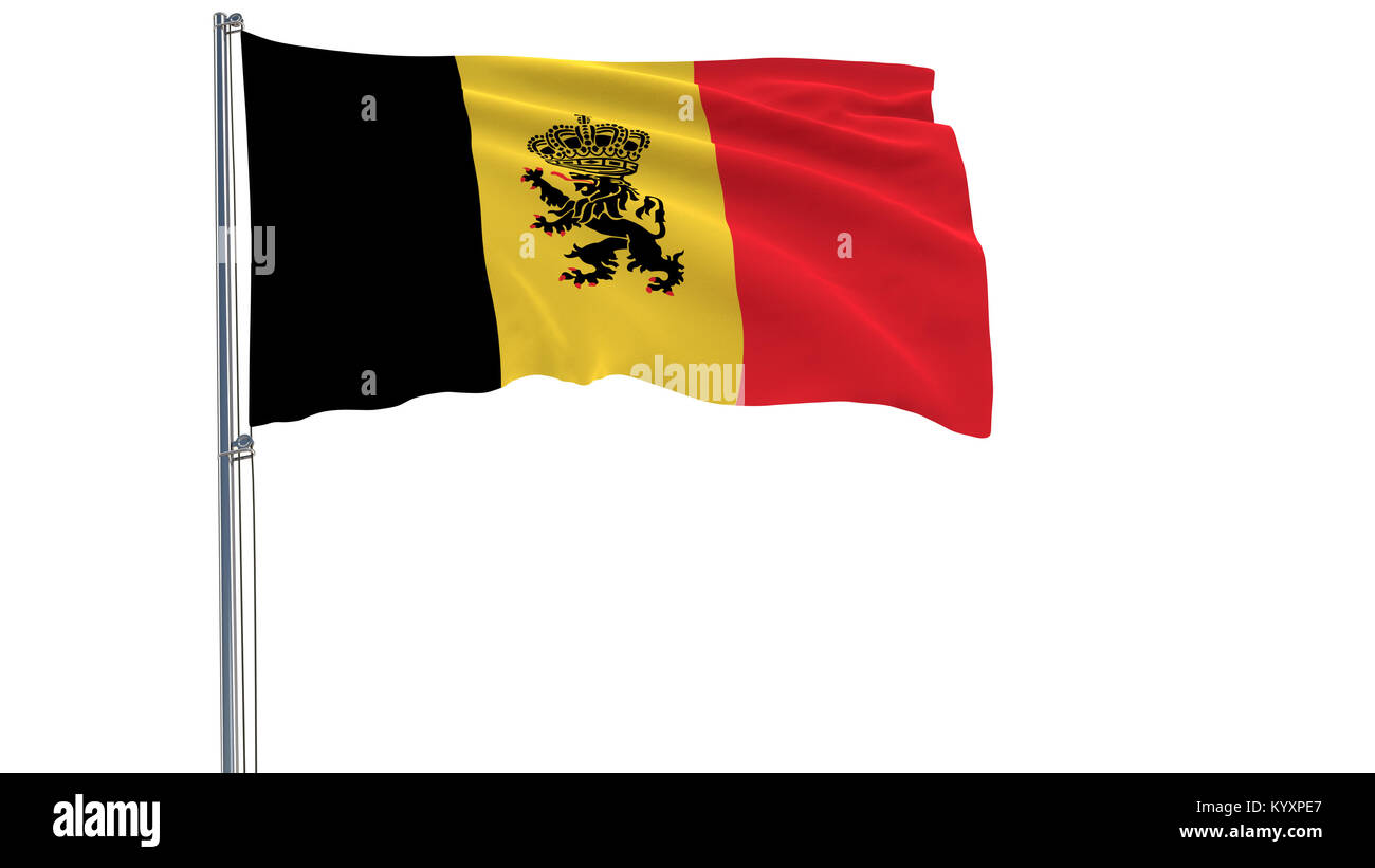 Flag of Belgium on a flagpole fluttering in the wind on a white ...