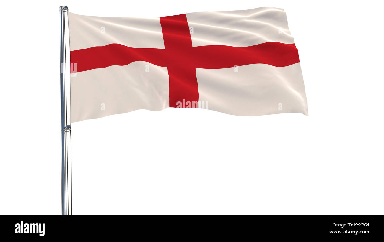 Flag of England on a flagpole fluttering in the wind on a white ...