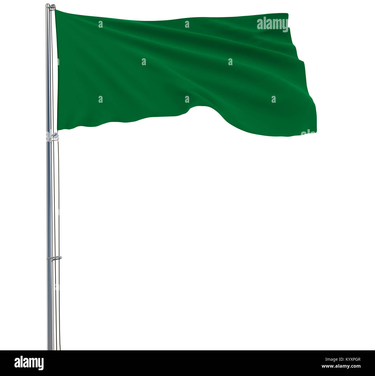 Isolate green flag on a flagpole fluttering in the wind on a white ...