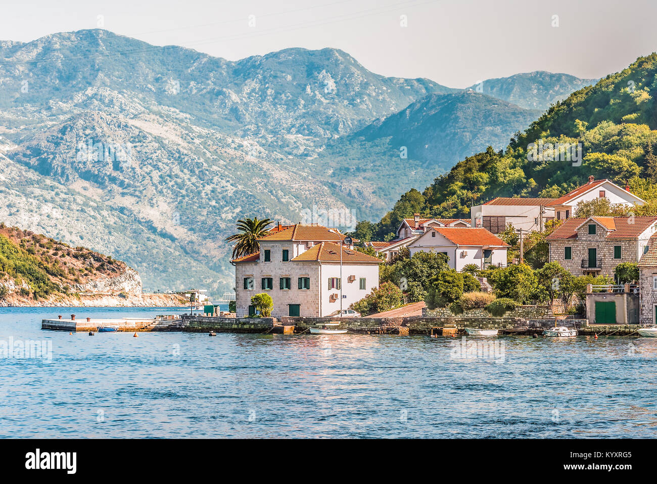 View on the coast from ferry transporting cars and people in Lepetane ...