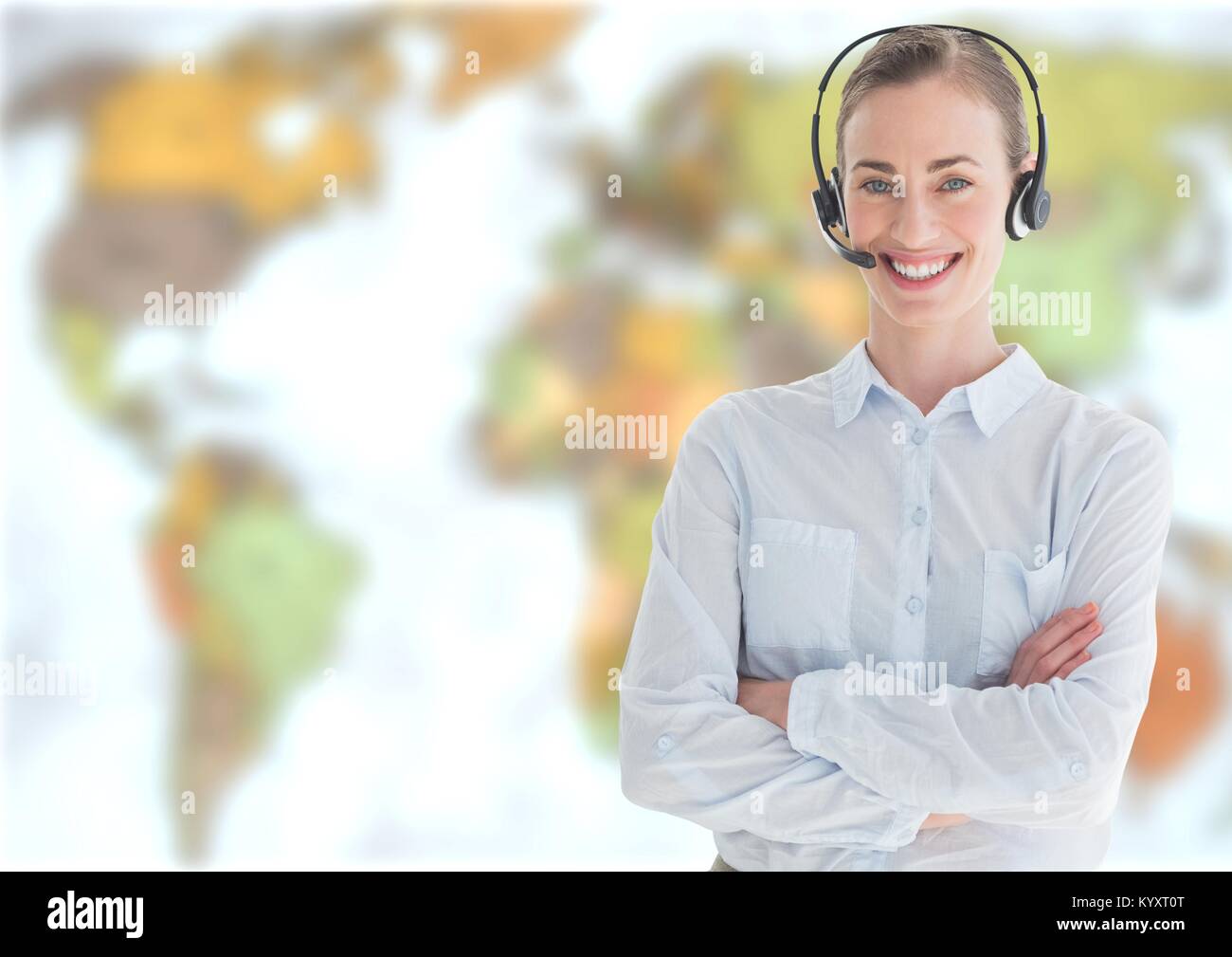 Travel agent woman wearing headset in front of world map Stock Photo - Alamy