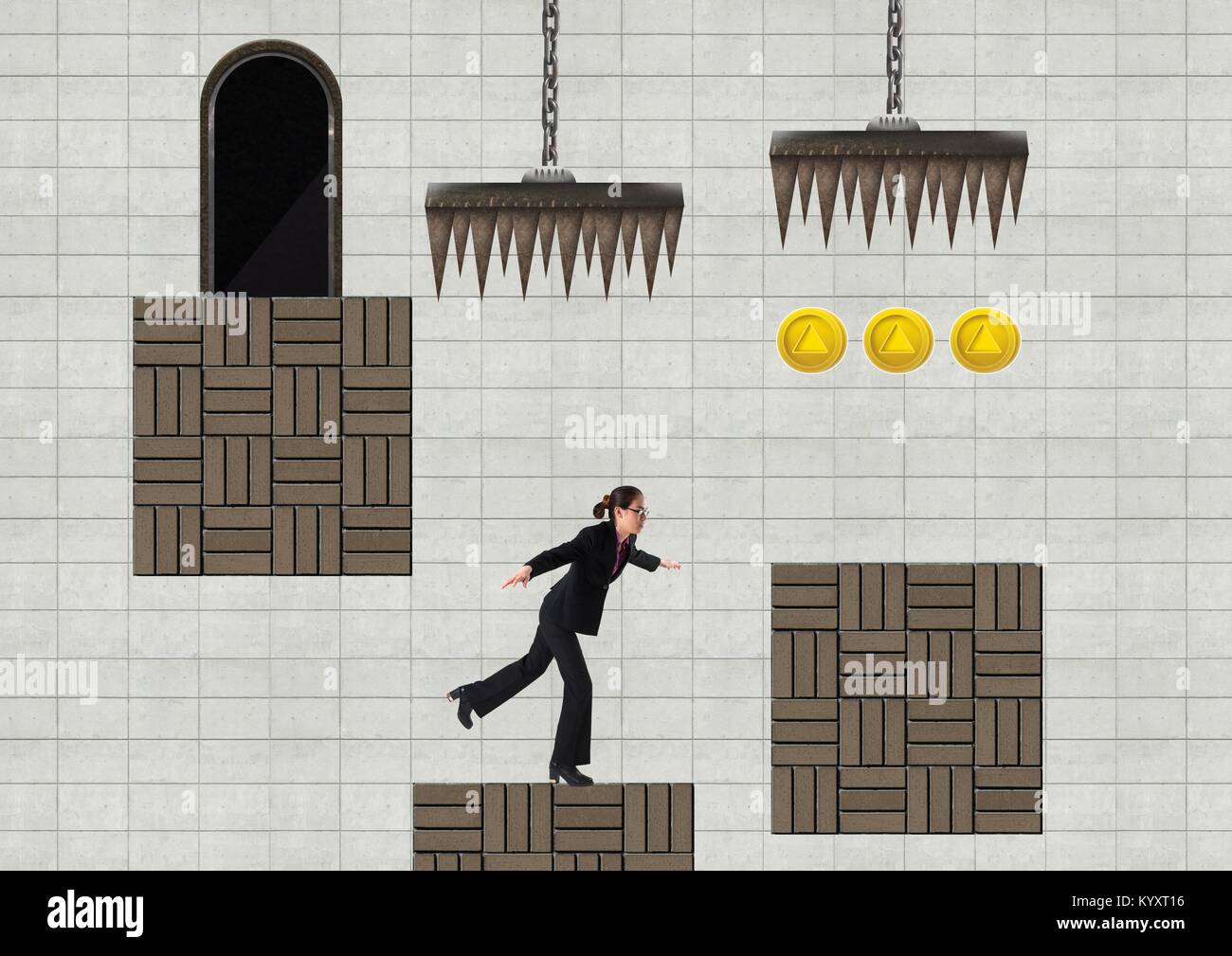 Businesswoman in Computer Game Level with coins and traps Stock Photo ...