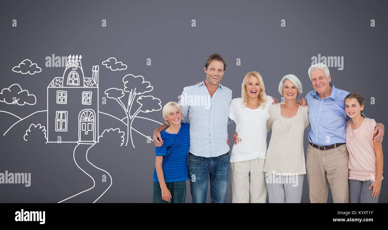 Family generations together with home drawing Stock Photo - Alamy