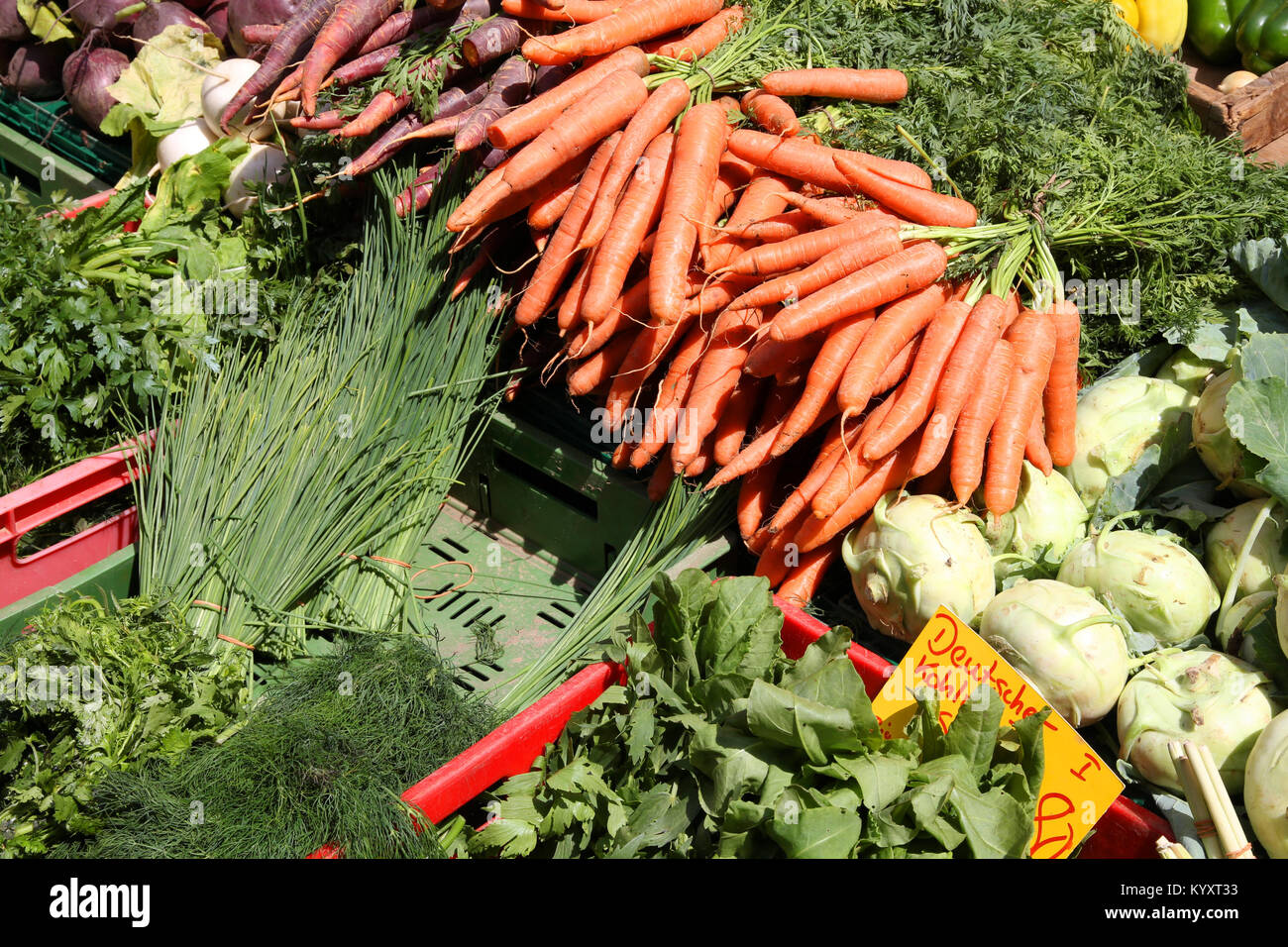 Vegetable stand at a marketplace in Mainz, Germany. Farmers market ...