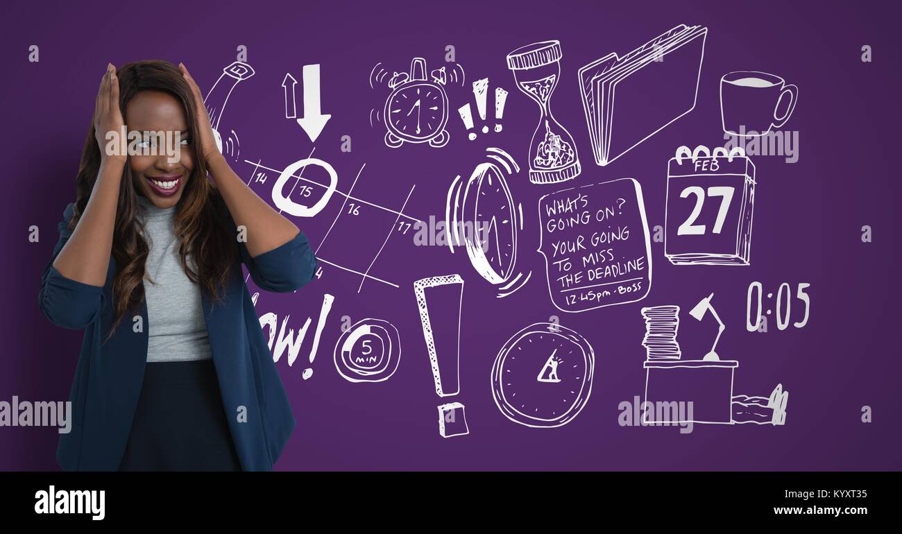 Confused woman holding her head looking right on purple background with ...