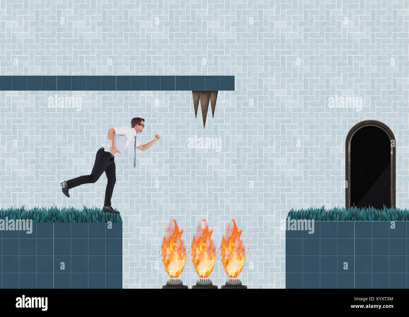 Businessman in Computer Game Level with fire and traps Stock Photo - Alamy