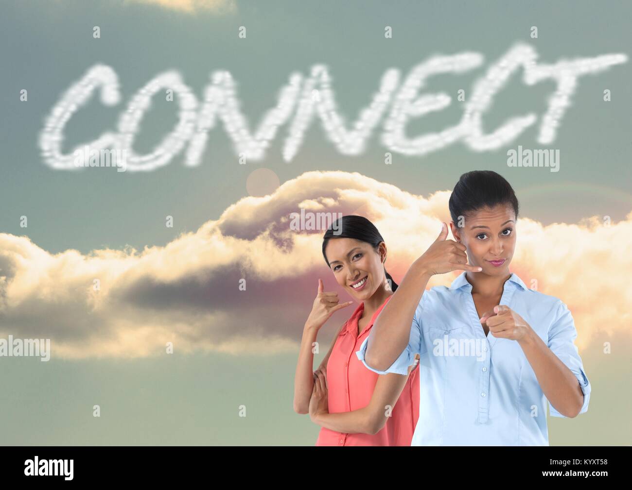 womans smiling with ring me sign Stock Photo - Alamy