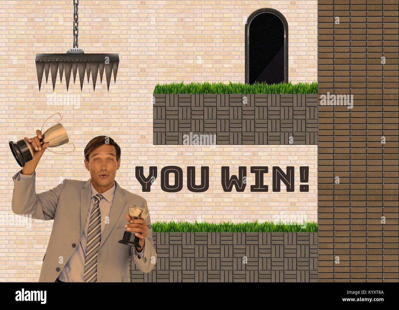 You Win text and man in Computer Game Level and traps Stock Photo - Alamy