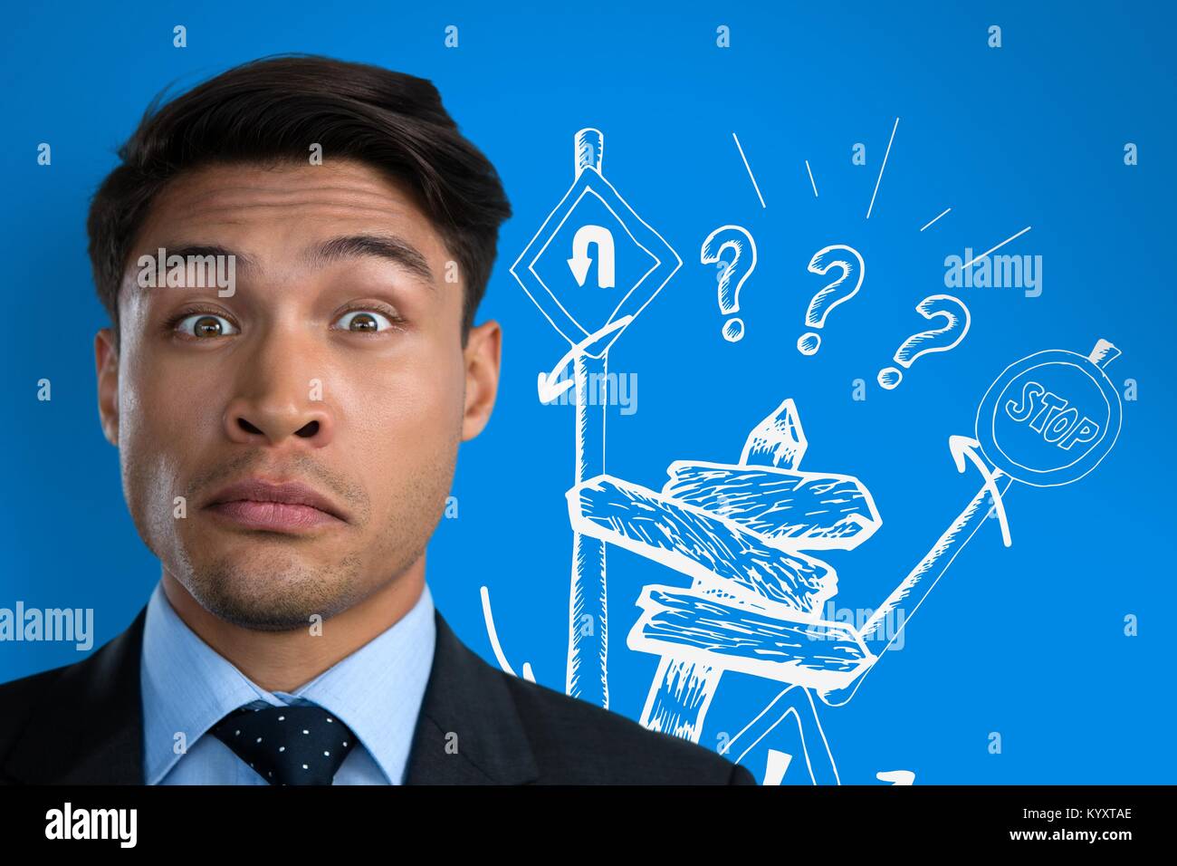 Confused man and direction drawing Stock Photo - Alamy