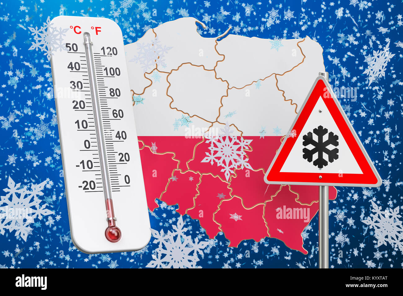 Snow hurricane, blizzards and winter storm in Poland concept, 3D ...
