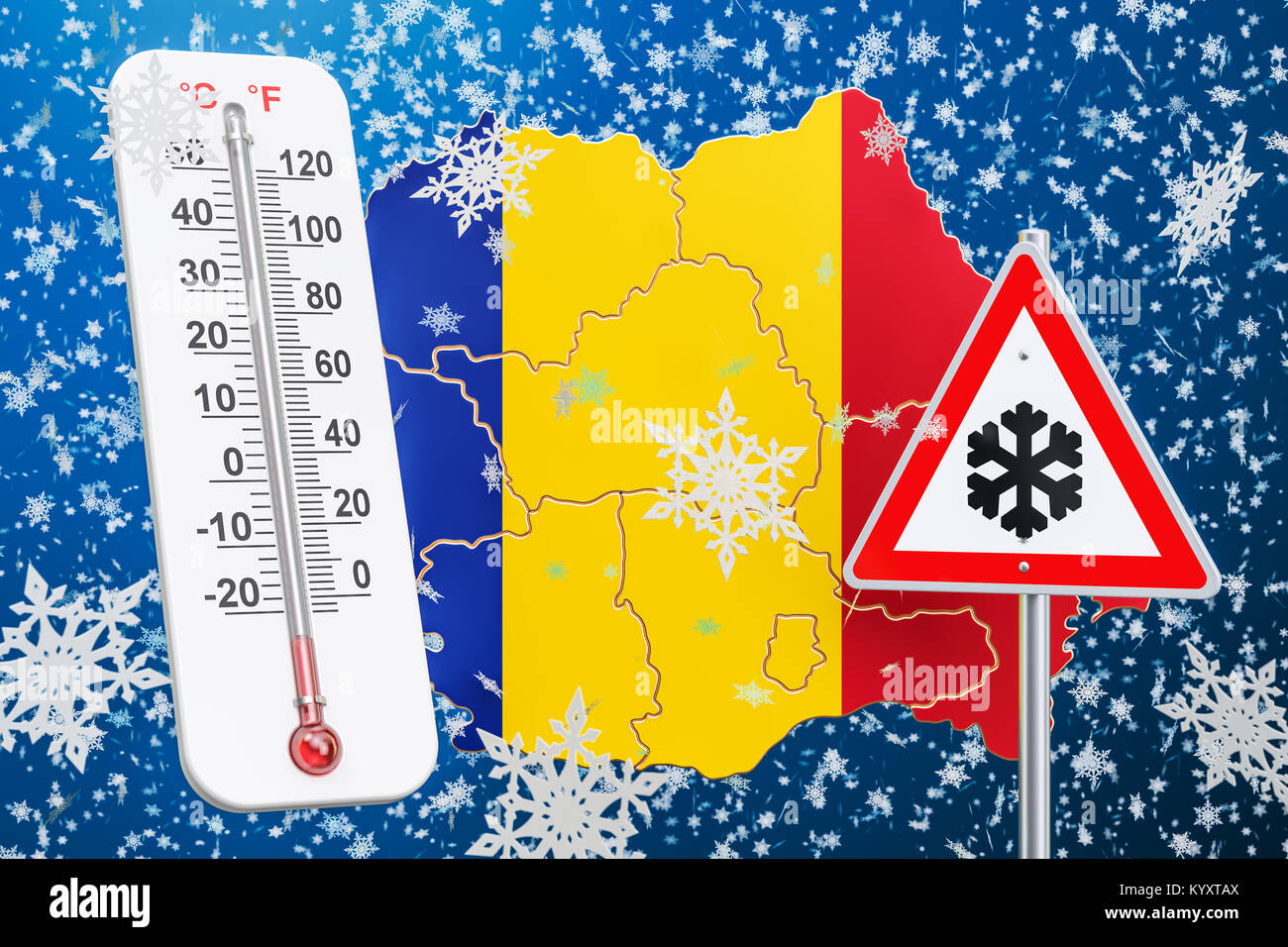 Snow hurricane, blizzards and winter storm in Romania concept, 3D ...