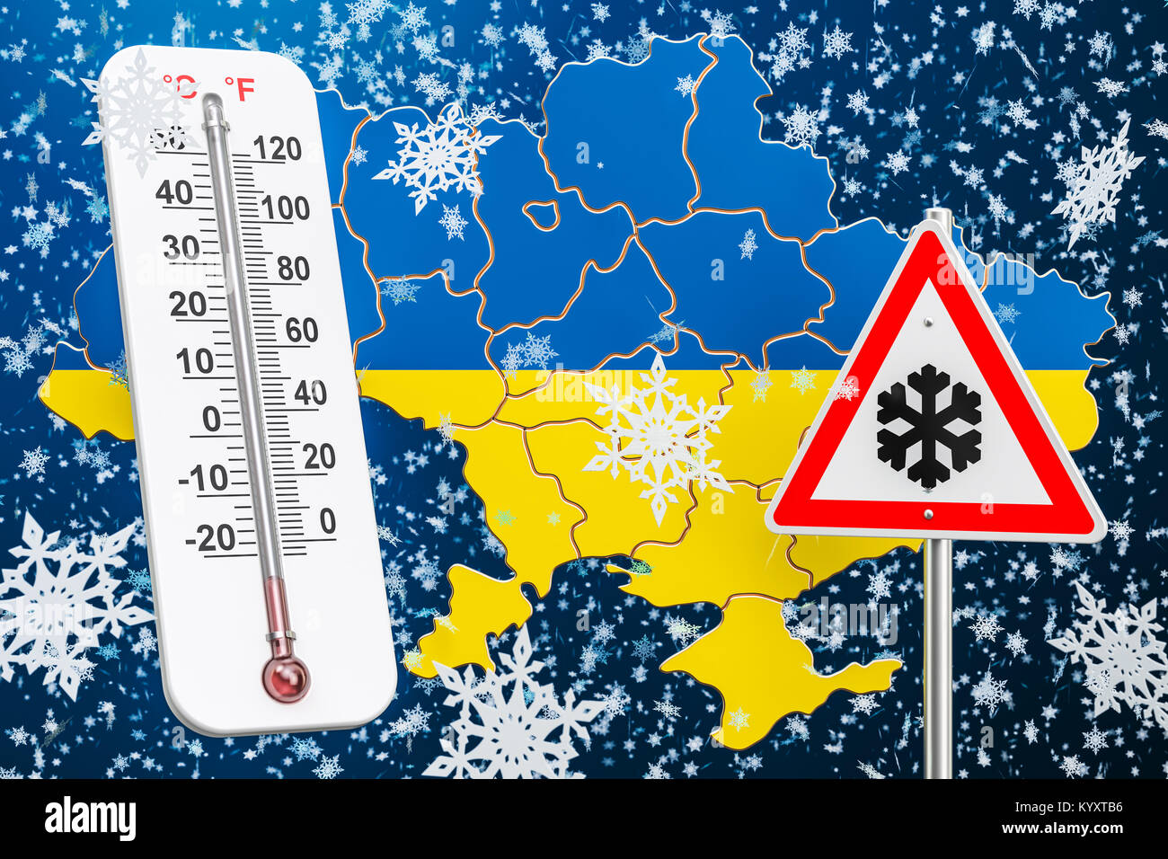 Snow hurricane, blizzards and winter storm in Ukraine concept, 3D ...