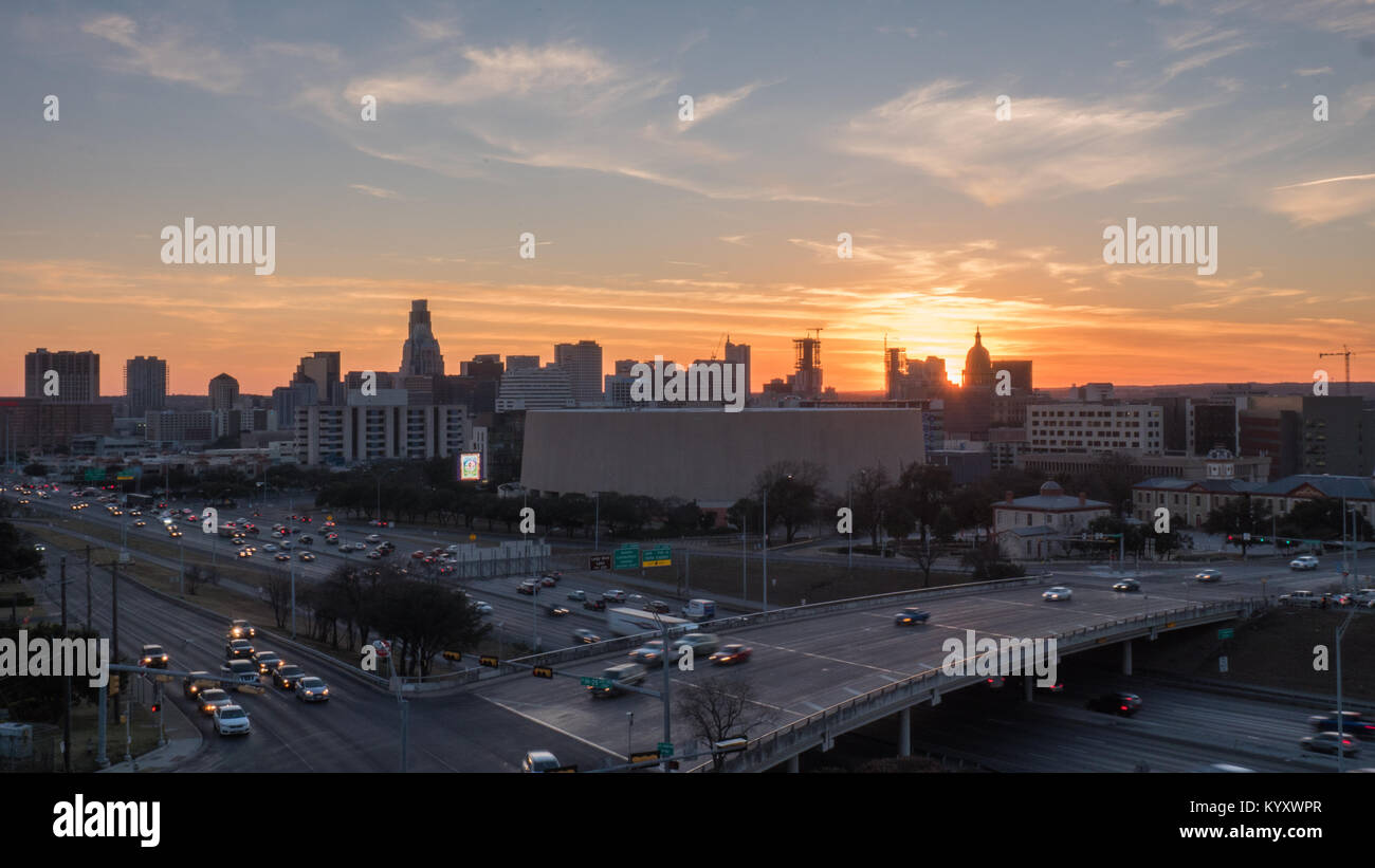 Wide Panorama of Sunset Behind the Austin Texas Skyscrappers Stock ...
