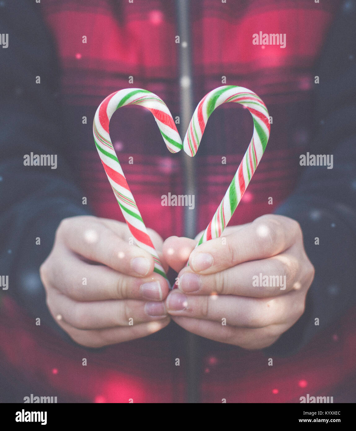 Cropped hands of boy holding candy canes during snowfall Stock Photo ...