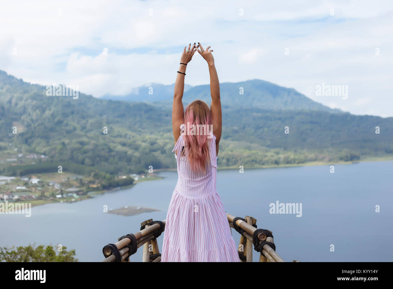 Rear view of woman with arms raised standing at observation point ...