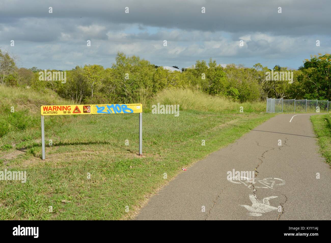Crocodile warning sign near Ross River Bridge, Ross River, Townsville ...
