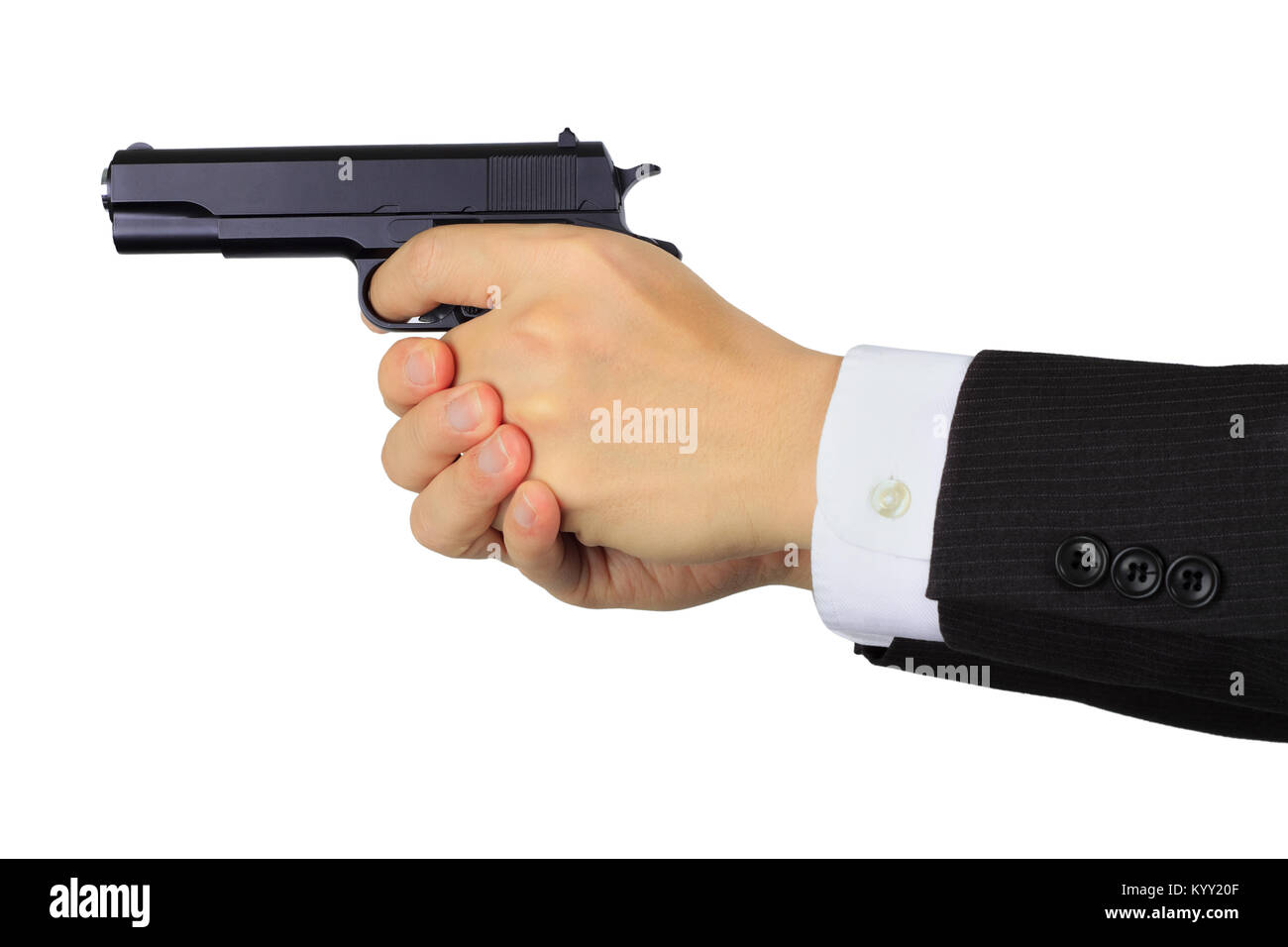 Isolated asian male hands shooting a gun on white Stock Photo - Alamy