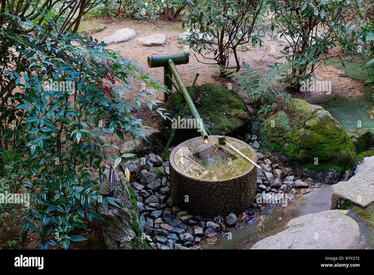 A tsukubai (washbasin) at a temple in Kyoto, Japan. The basin provided ...