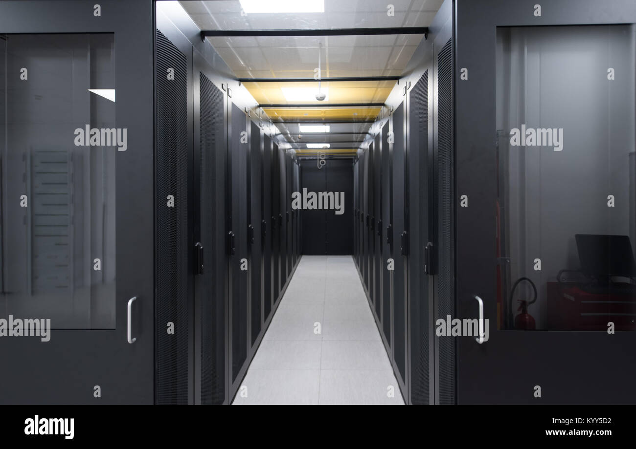 modern server room with black servers and hardwares in a internet data ...