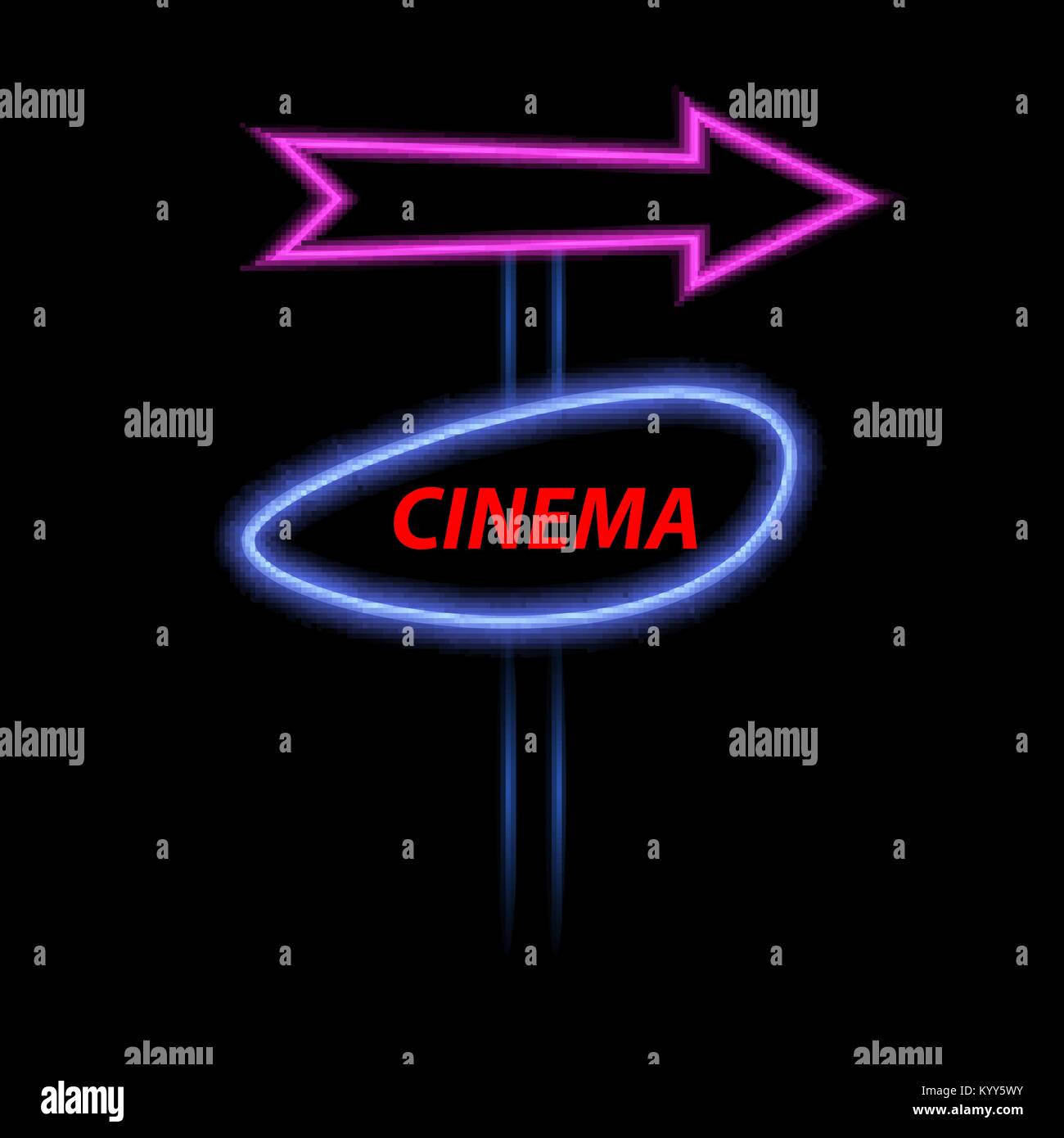Neon cinema banner and arrow on a dark background. Vector illustration ...
