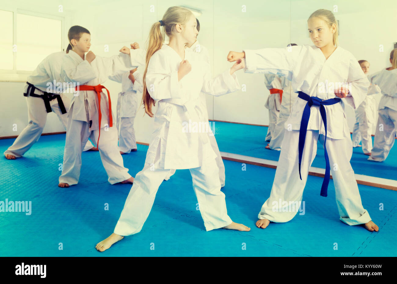 Happy training in pairs to practice new technique at karate class Stock ...