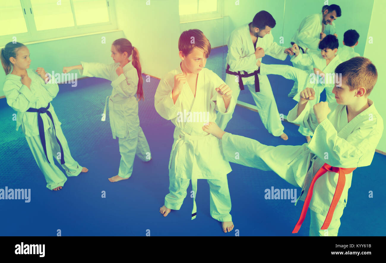 Positive children training in pairs to practice new technique at karate ...