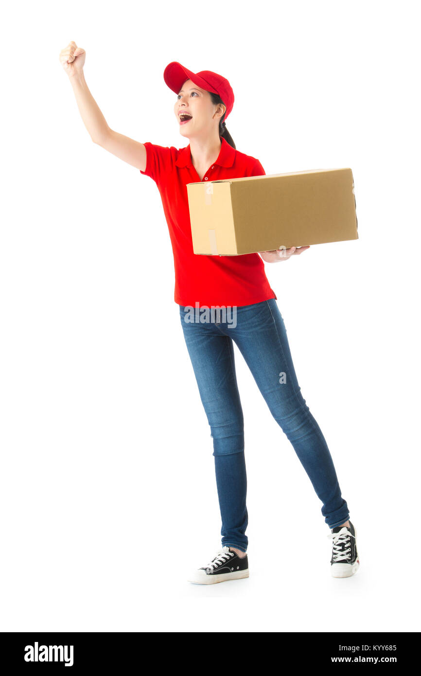 happy beautiful female delivery worker shipping big box package and ...
