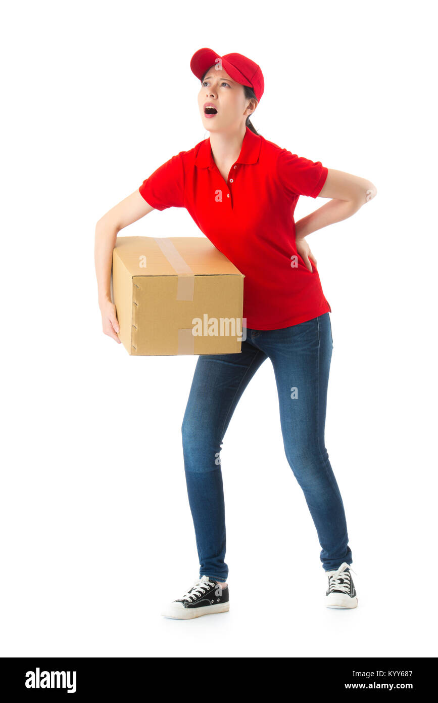attractive beauty female delivery officer holding big box parcel ...