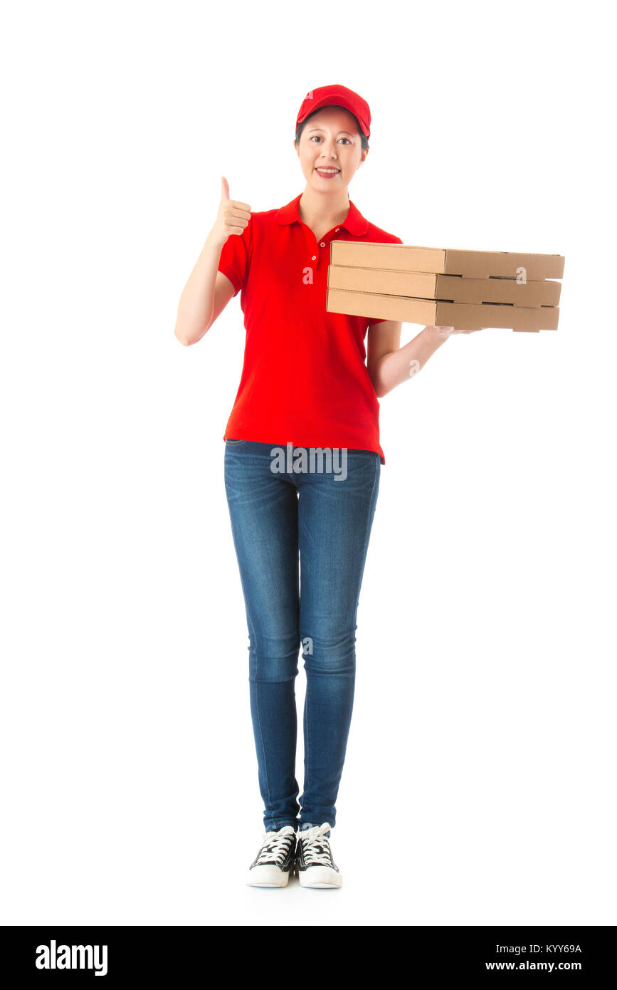 attractive smiling female delivery officer shipping pizza meal and face ...