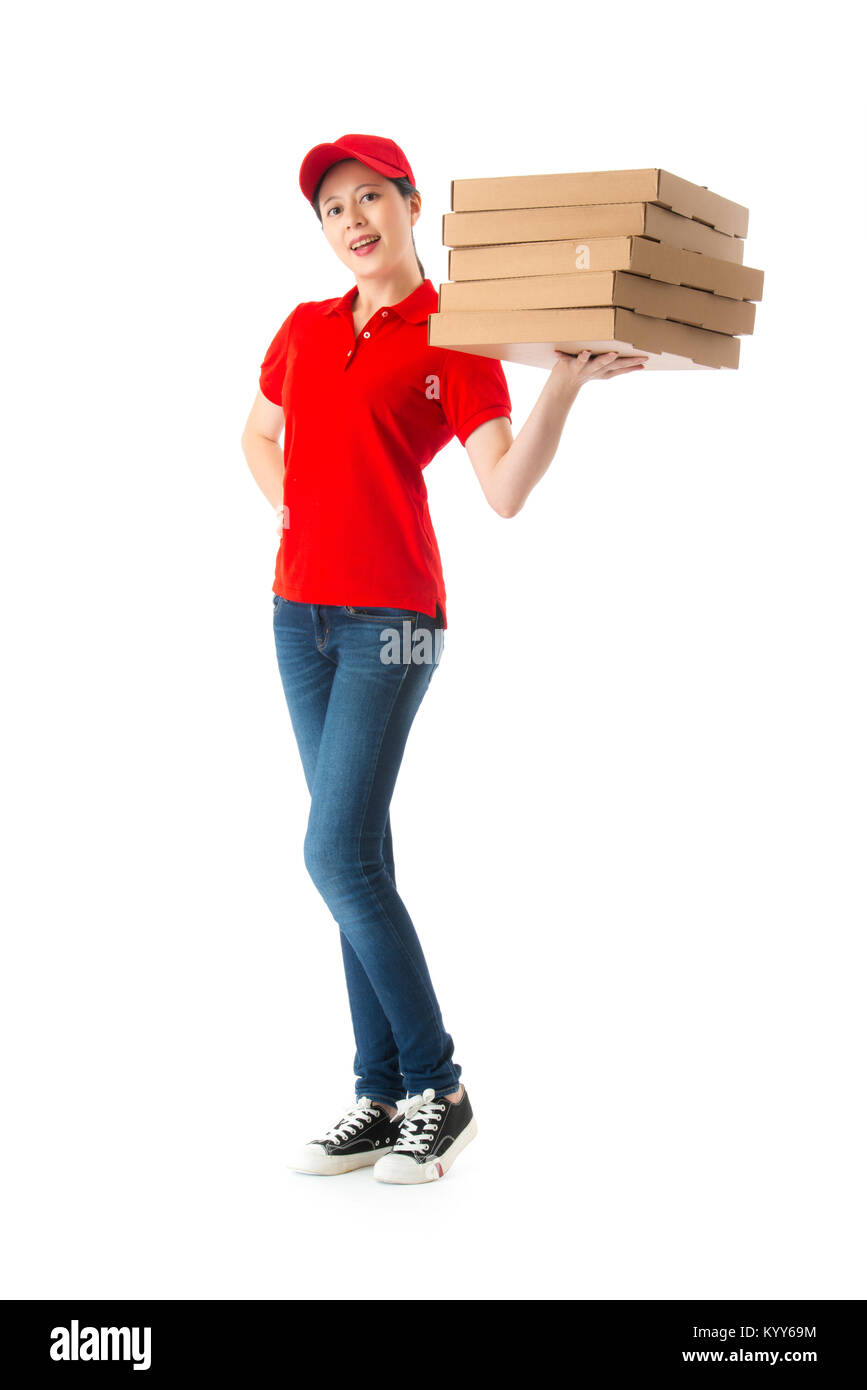 happy beautiful female pizza delivery worker standing in white ...
