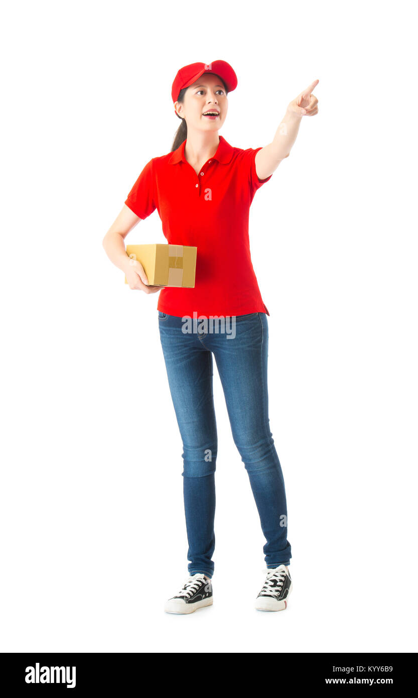happy beautiful delivery woman holding box searching package shipping ...
