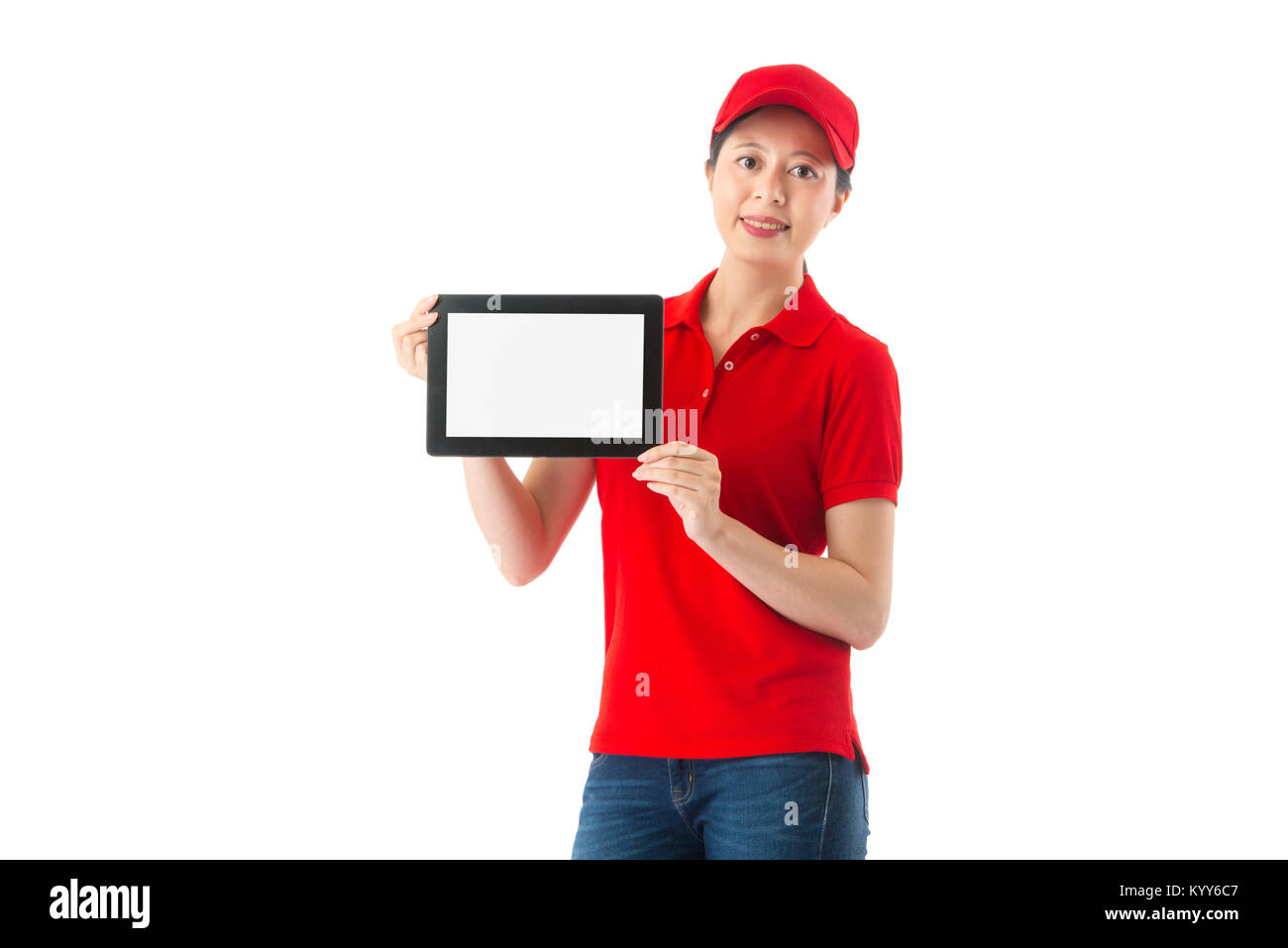 pretty attractive woman delivery company staff holding mobile digital ...
