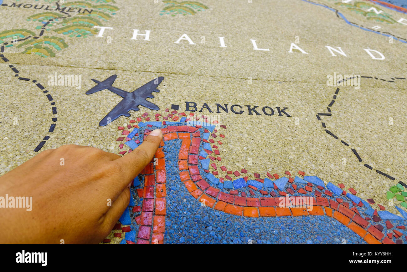 A hand on historic map of Thailand in a museum Stock Photo - Alamy