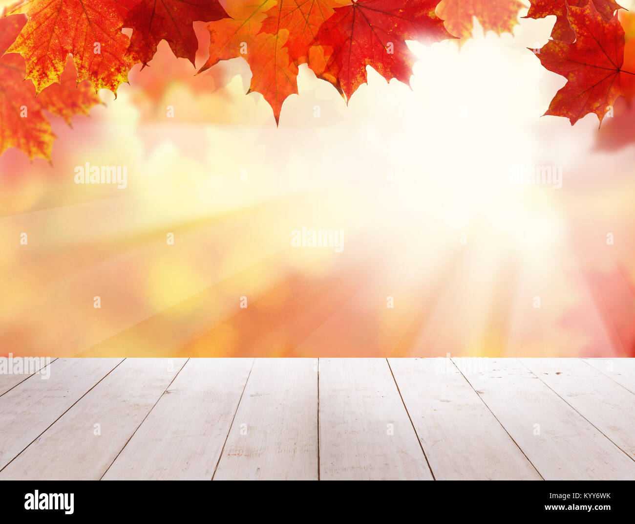 Red Autumn Leaves, Empty Grunge Wooden Table and Sparkle on Fall ...