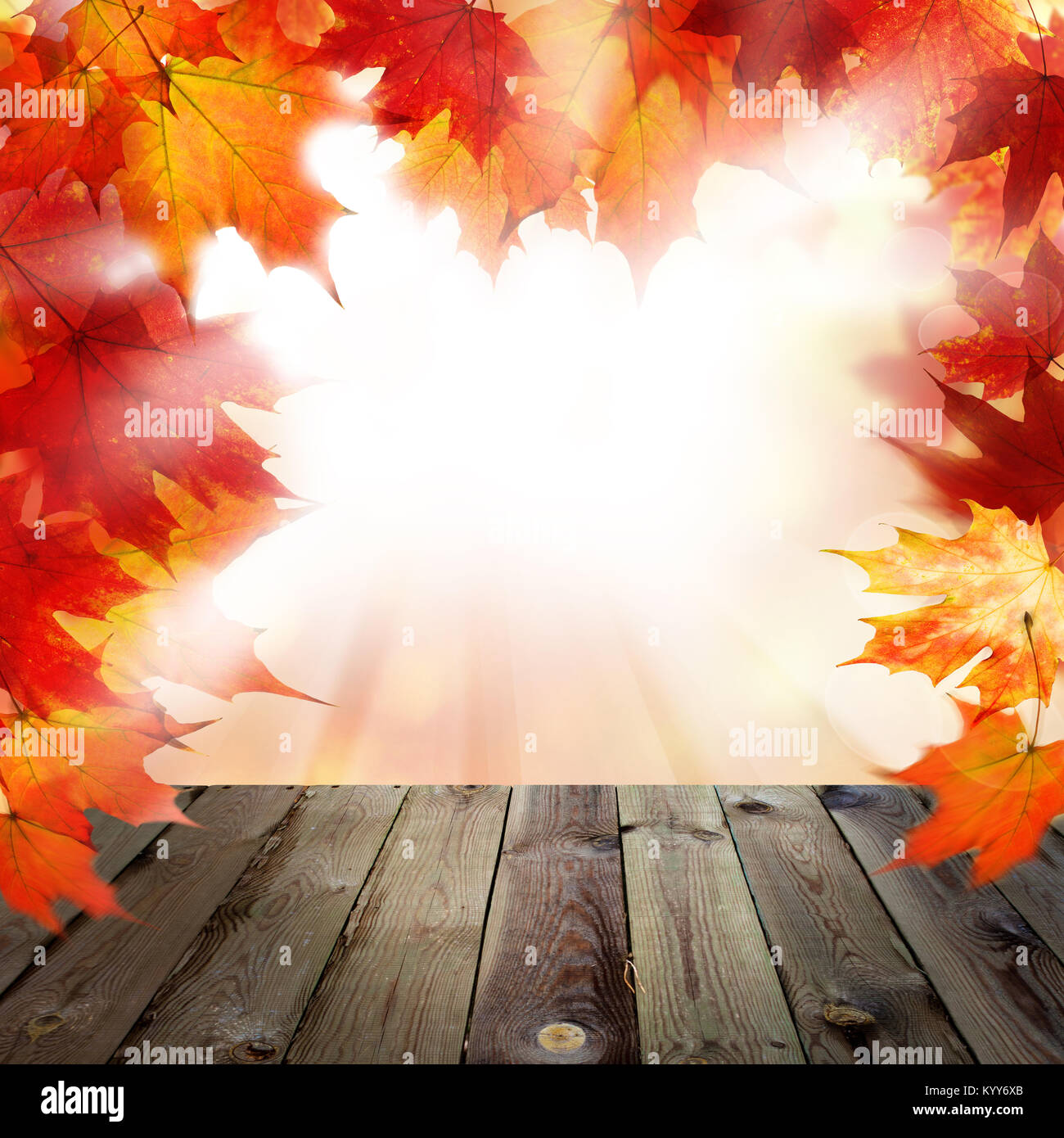 Fall Background with Red Autumn Maple Leaves and Empty Vintage Wooden ...