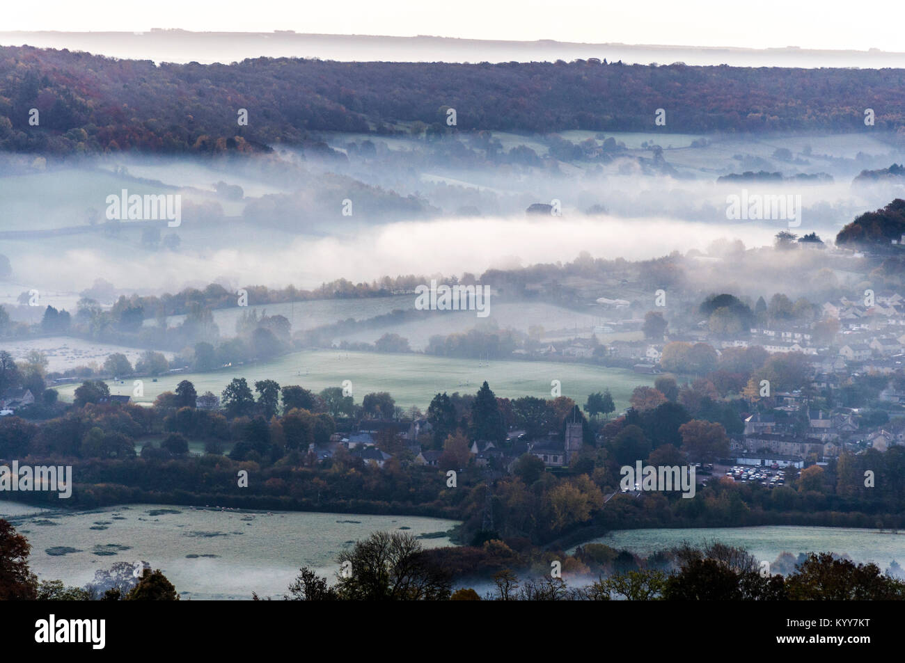 Village of Bathampton in mist, misty autumn morning, near Bath ...