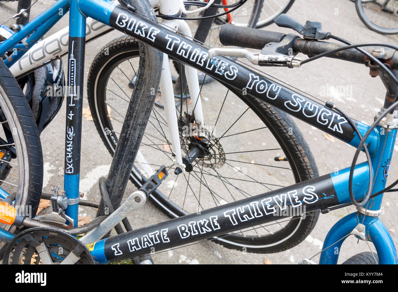 Notice on bicycle I hate bike thieves in Bath UK Stock Photo - Alamy
