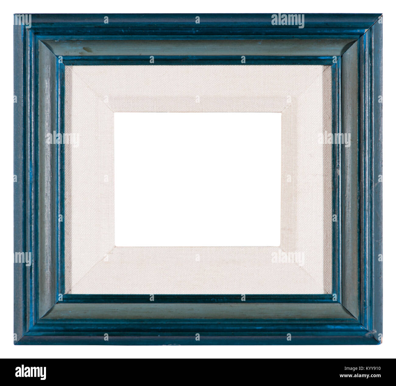 Empty picture frame isolated on white in a distressed blue painted ...