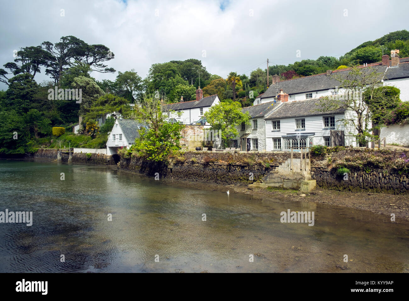 Picturesque old cottages line the waters edge in Helford village on the ...