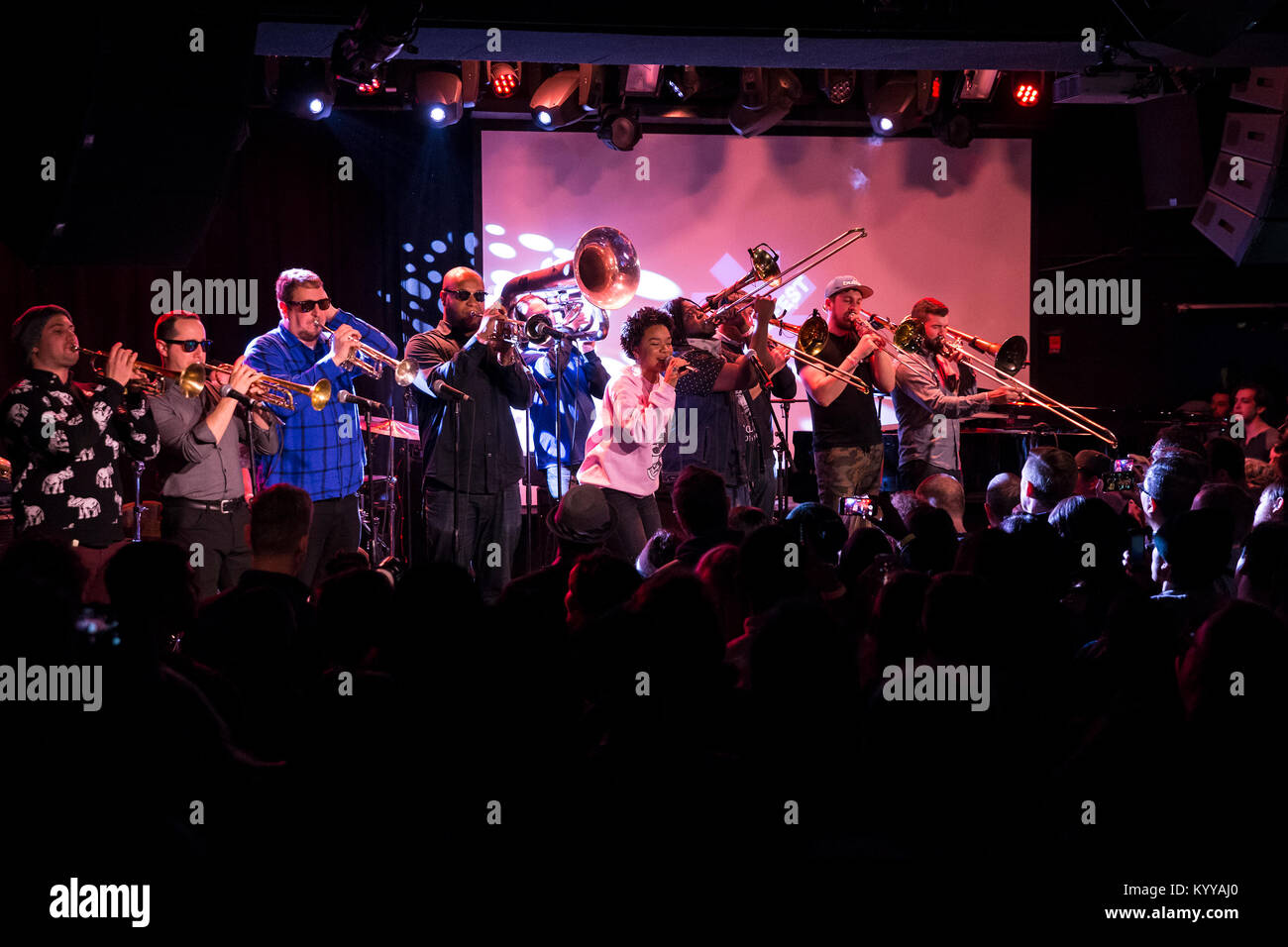No BS! Brass band with singer Samantha Reed performs during 2018 New ...