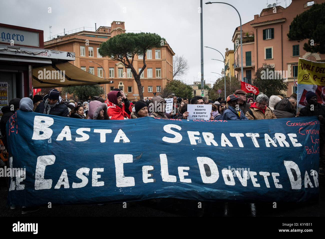 Rome, Italy. 16th Jan, 2018. 'Housing rights' activists hold a banner ...