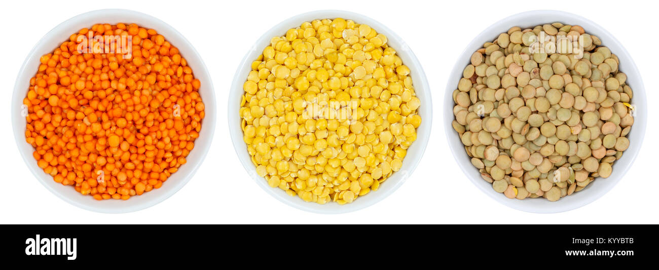 Lentils collection raw from above bowl isolated on a white background ...