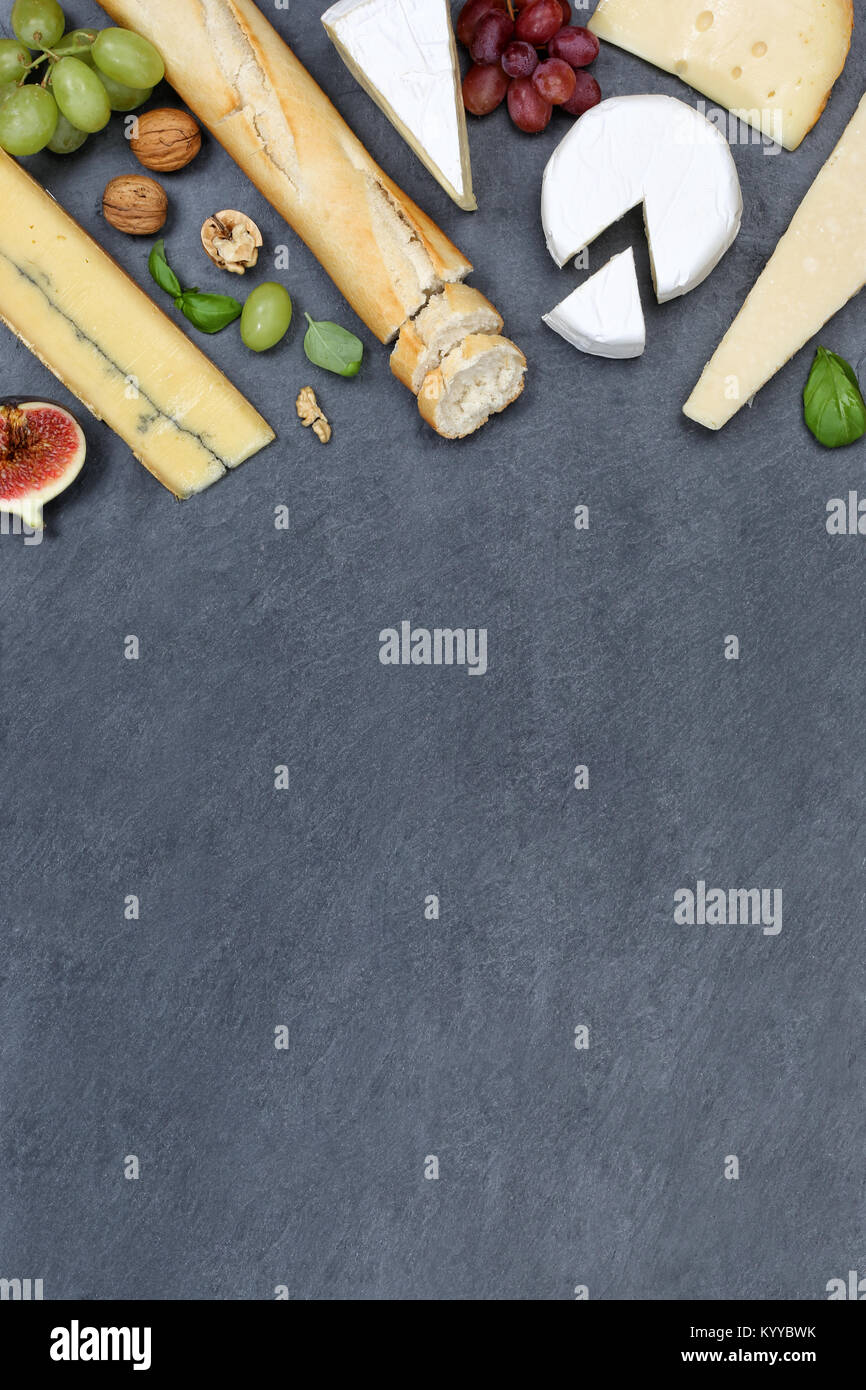 Cheese board platter plate Swiss bread Camembert copyspace portrait ...