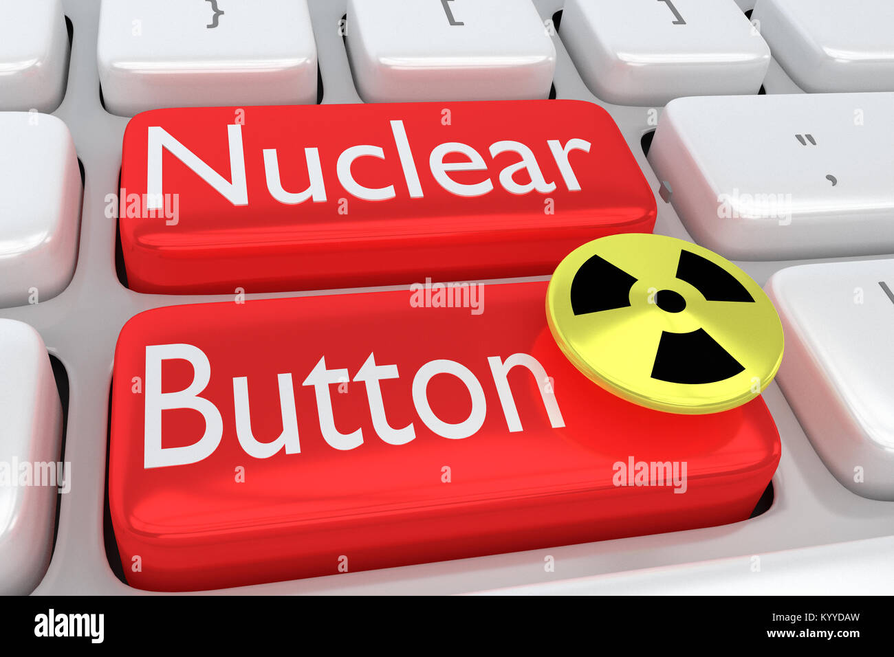 3D illustration of computer keyboard with the print Nuclear Button on two adjacent red buttons ...