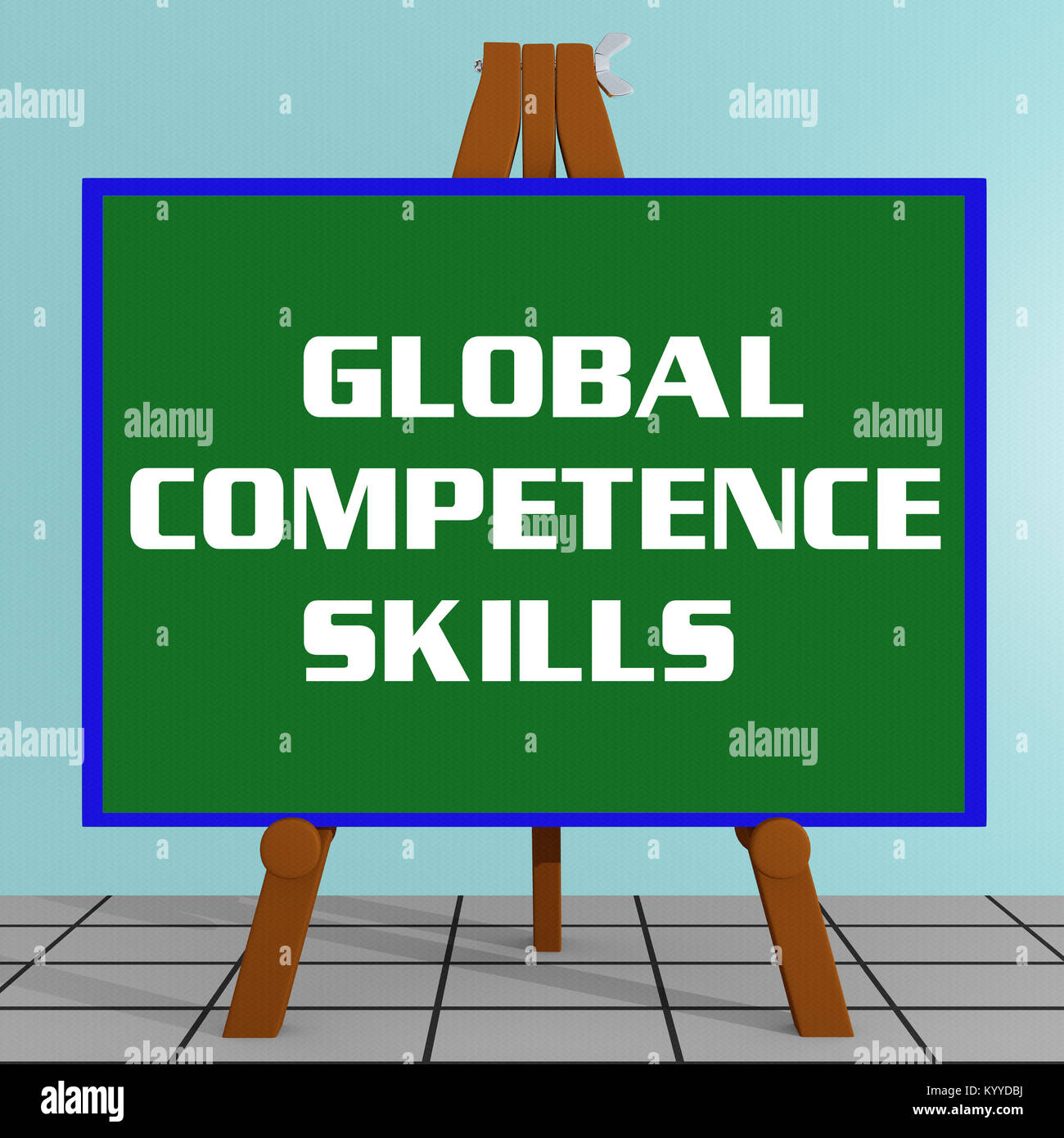 3D illustration of GLOBAL COMPETENCE SKILLS title on a tripod display ...