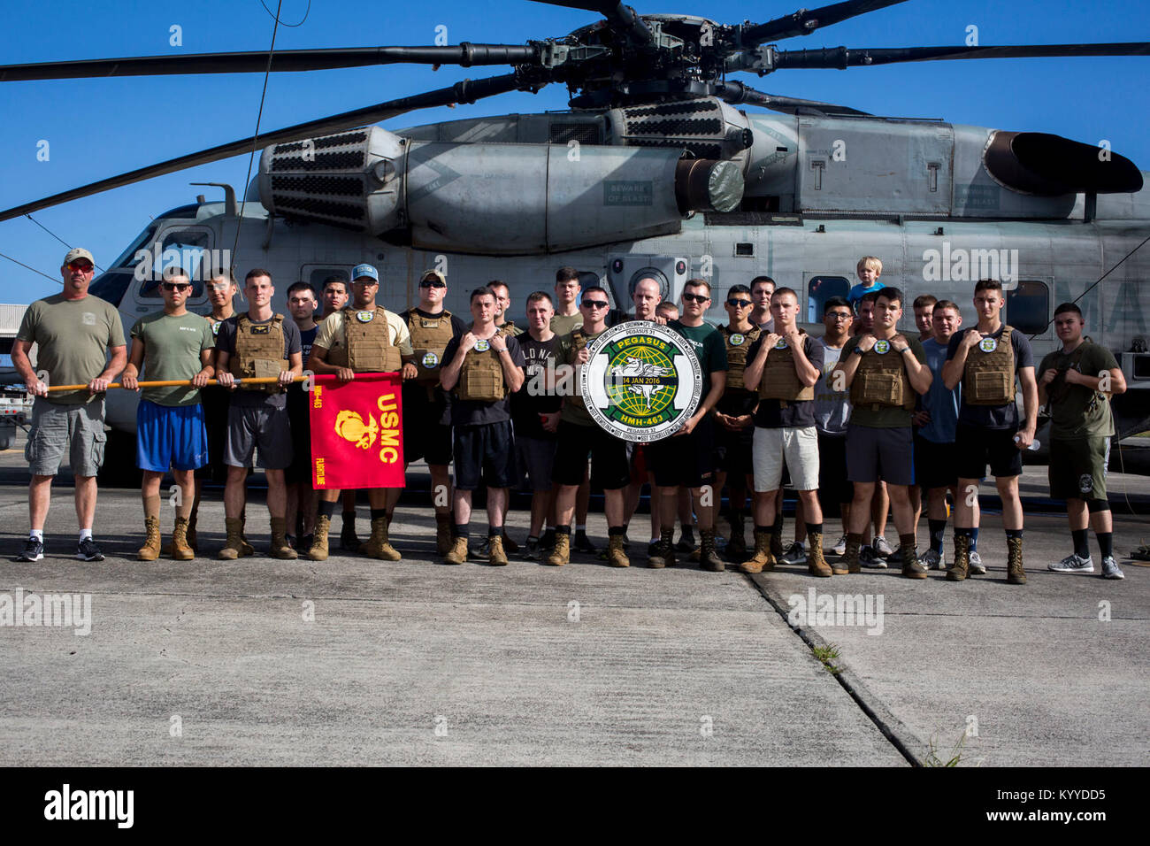 U.S. Marines with Marine Heavy Helicopter Squadron 463 (HMH-463) pose ...