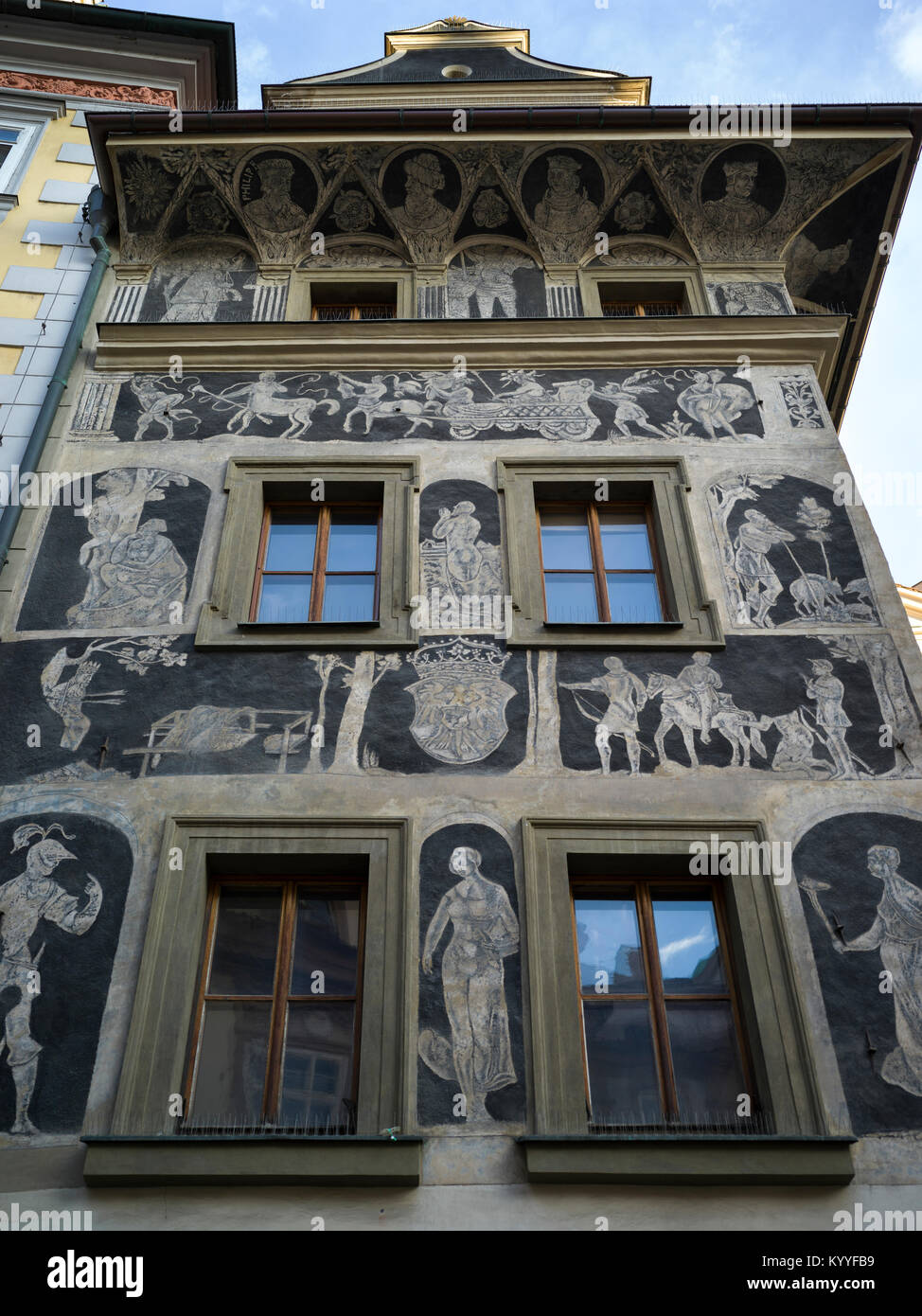 Low angle view of murals on building, Old Town Square, Old Town, Prague ...