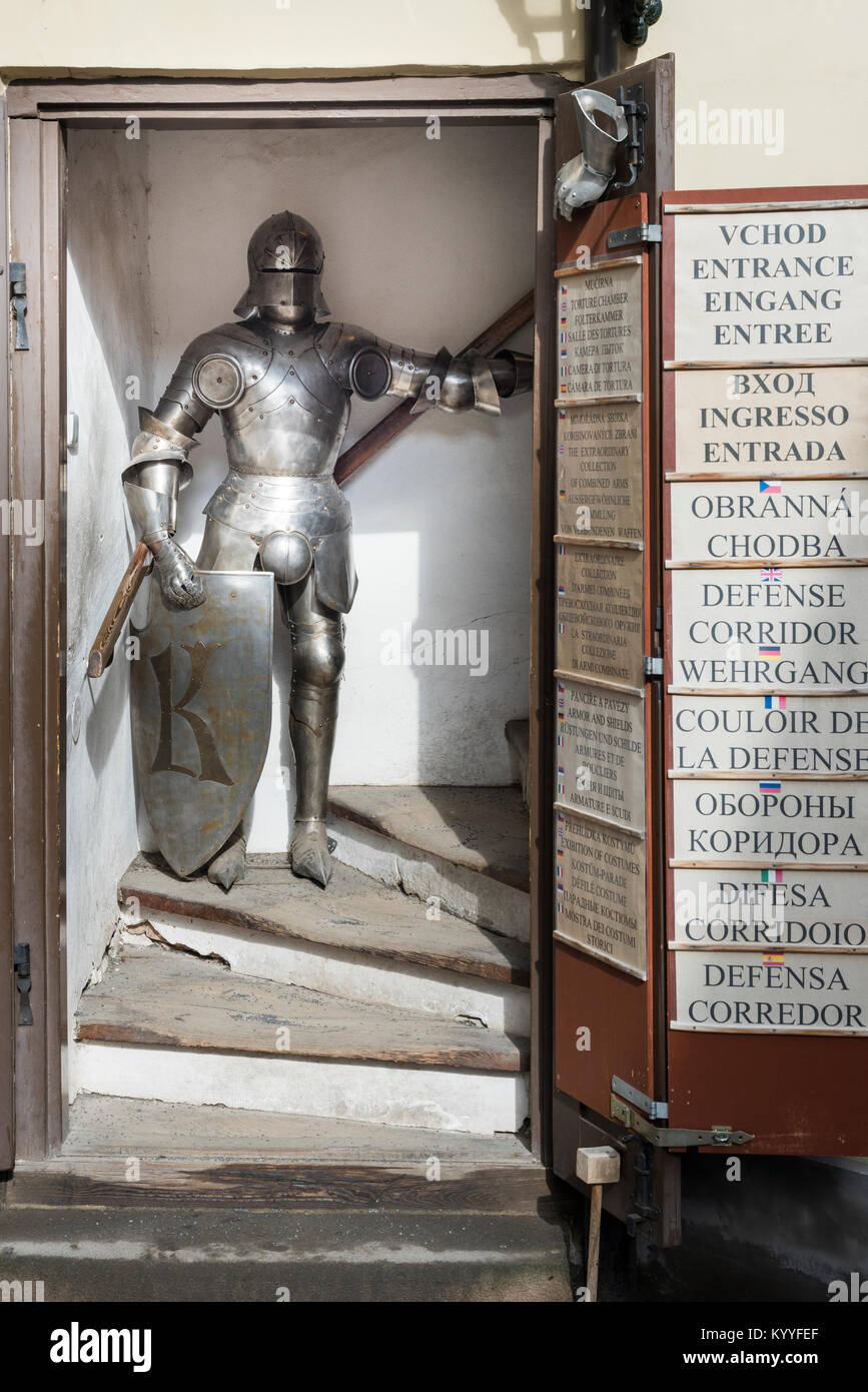 Suit of armor on steps at museum, Torture Chamber, Golden Lane, Prague ...