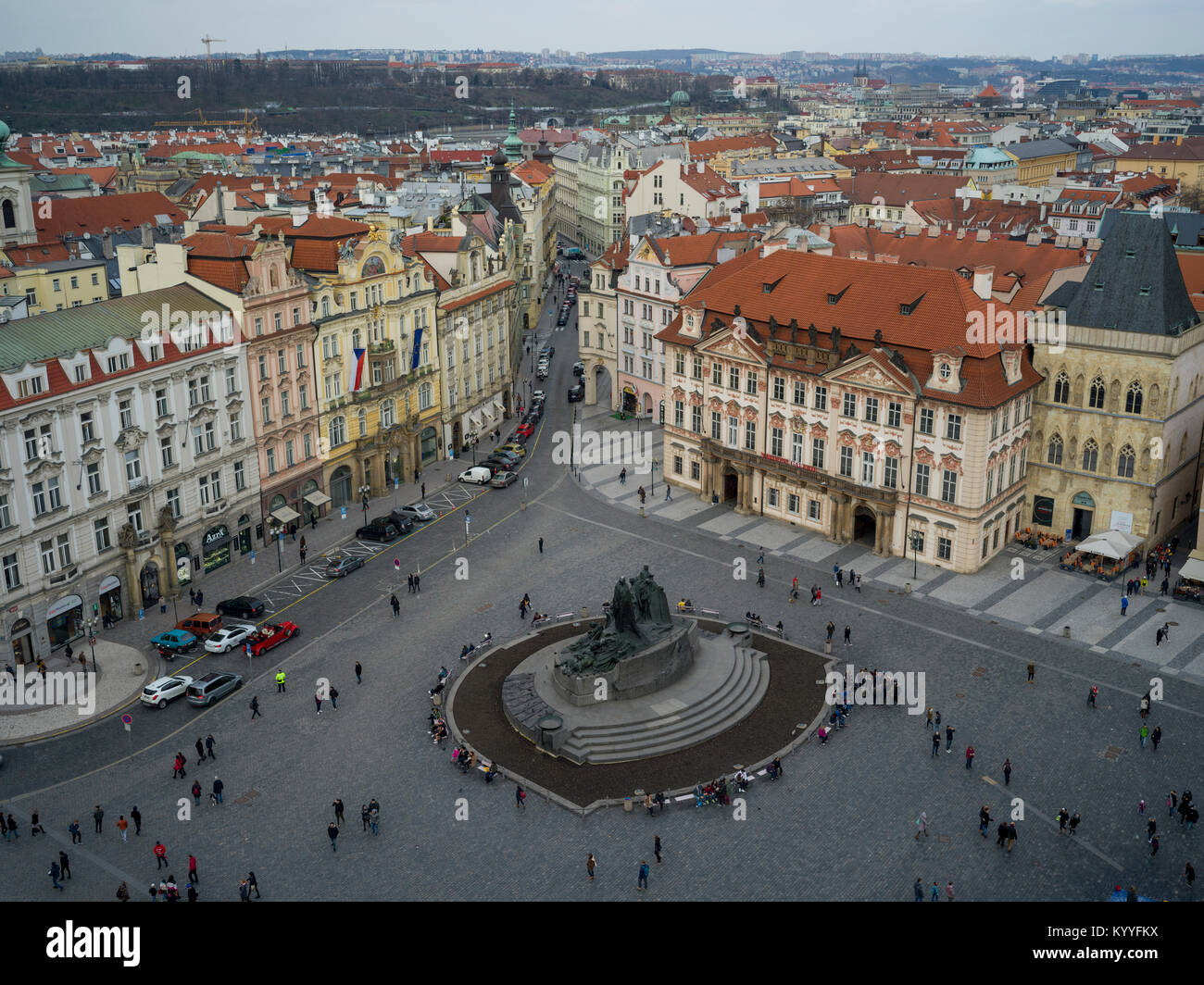 Tourists at town square viewed from Old Town Hall Tower, Old Town Square, Old Town, Prague ...